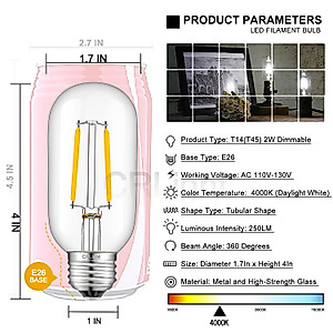 CRLight 2W LED Edison Bulb 4000K Daylight White, 30W Equivalent 300 LM, E26 Vintage Tubular T45 / T14 Clear Glass Dimmable LED Light Bulbs, 8 Pack