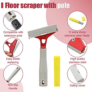 Floor Scraper, Long Handle Floor Scraper Heavy Duty, Metal Paint Scraper with 10PCS Extra Blades Scraper for Cleaning Windows Glass, Tiles, Wall, Floor