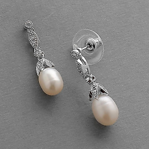 Mariell Cultured Freshwater Pearl Bridal Drop Earrings with Cubic Zirconia Crystals, Ivory Pearl Wedding Earring for Brides, Bridesmaids, Mother of the Bride and Everyday Wear