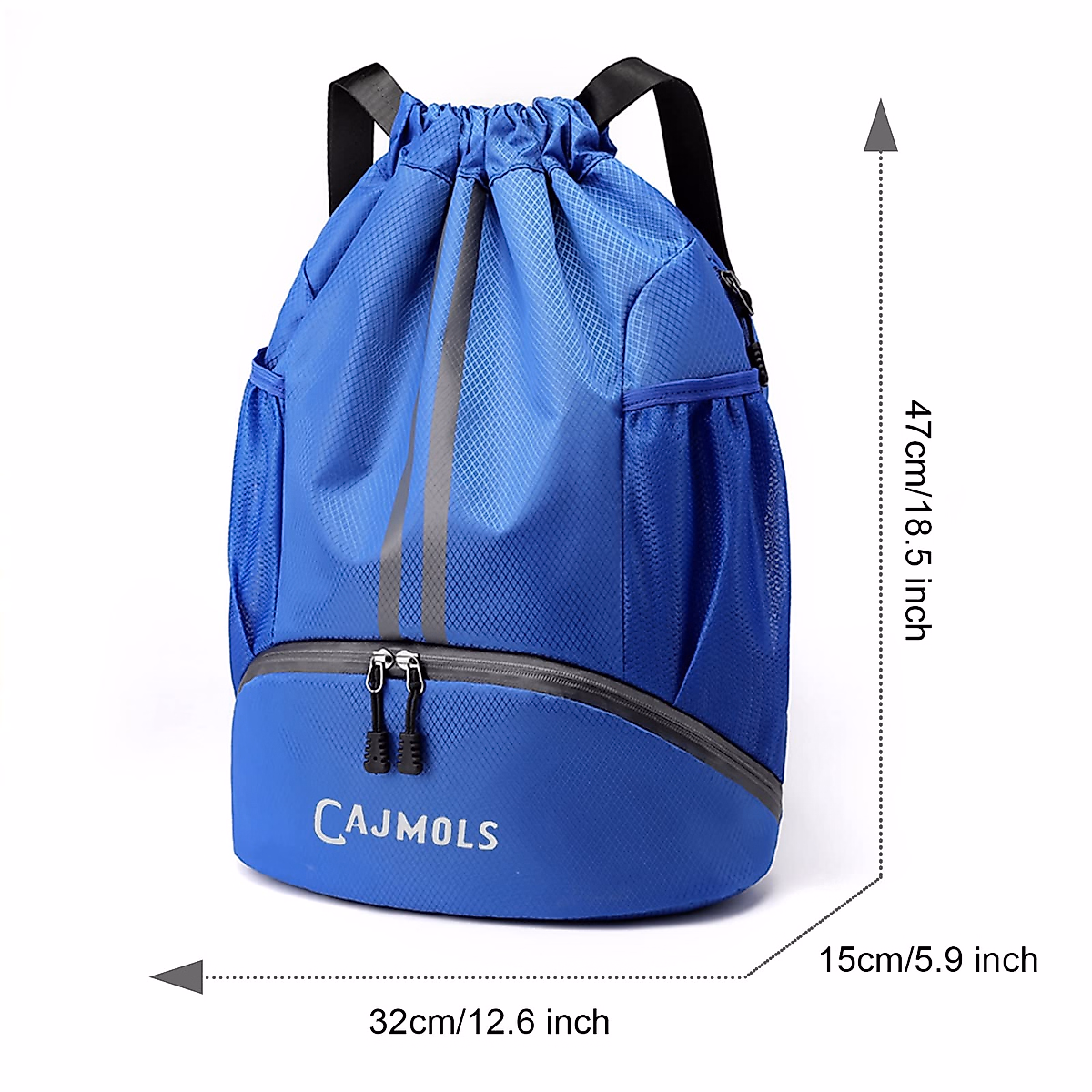 Cajmols Drawstring Backpack with Ball Compartment Water Resistant Sport Equipment Bag for Soccer Volleyball Baseball Softball Football Yoga Swimming (Q-Blue)