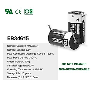 EEMB 10Pack ER34615 D Cell Batteries 3.6V Lithium Battery 19Ah Li-SOCL₂ Non-Rechargeable Battery with Tabs LS-33600 SB-D02 XL-205F for CNC Machine Tool, Injection Molding Machine, Printing Machine
