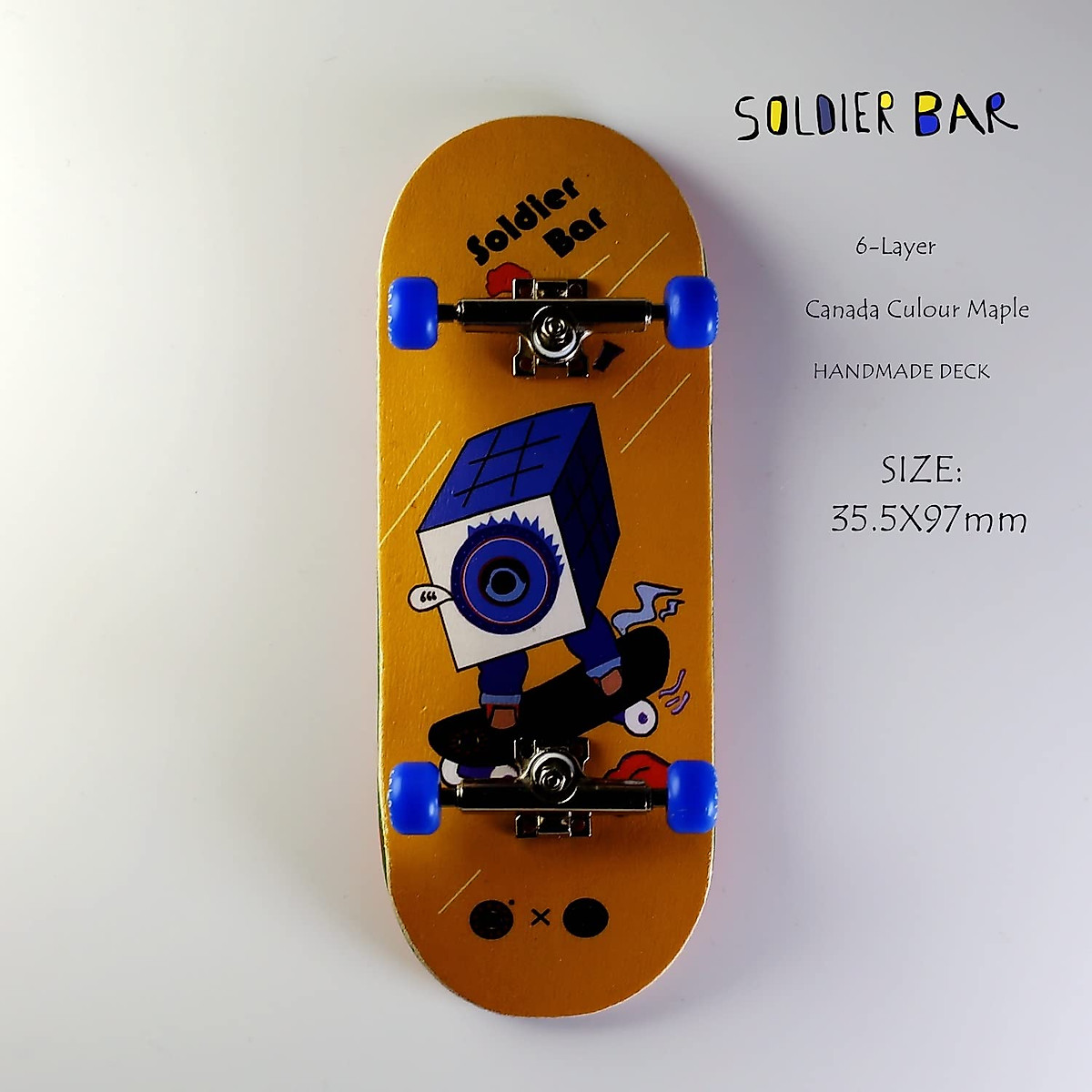 SOLDIER BAR Fingerboards Complete Colour Maple Handmade Wooden Fingerboards (Update Slivery King Trucks, Handmade Blue Wheels) Magic Cube