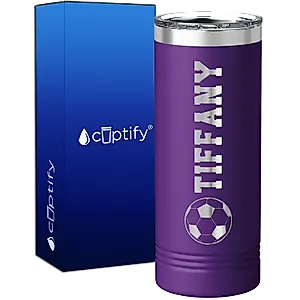 Personalized Soccer Ball Tumbler with Lid Laser Engraved on Purple 22 oz Stainless Steel Insulated Cup Birthday Gift for Men, Women, Sports Lover