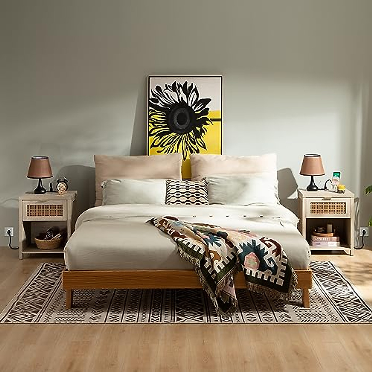 Bacyion Nightstands Set of 2 with Charging Station - Farmhouse Wood Night Stand with Drawer and Storage Shelf, Accent Bedside Table with USB Ports & Outlets, Boho End Table Side Table for Bedroom