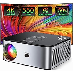 HORLAT Projector with 5G WiFi and Bluetooth, 550 ANSI Full HD 1080P Outdoor Projector 4K Support, Auto/4P/4D Keystone & 50% Zoom, Movie Projector Compatible with Phone/Laptop/TV Stick/PS5
