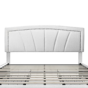BONSOIR Queen Size Storage Bed Frame Upholstered Low Profile Traditional Platform with Tufted and Nail Headboard/No Box Spring Needed/4 Pull Out Drawers/Light Grey Linen Fabric (Queen Size)