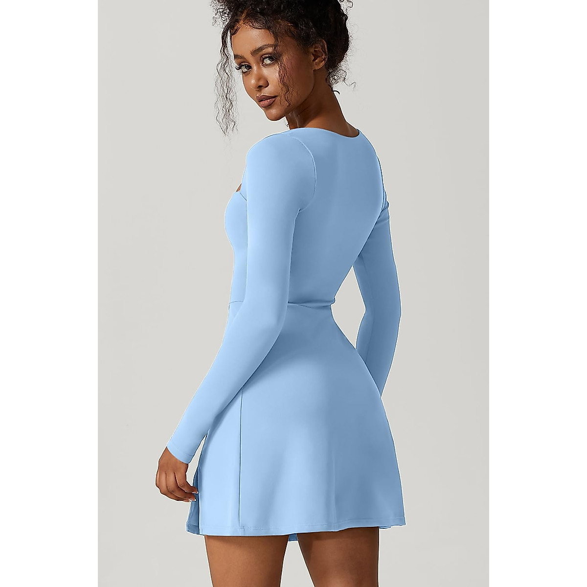QINSEN Womens Airy Blue Mini Dress for Casual Long Sleeve High Waist Bodycon Dresses S