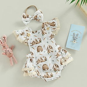 Newborn Infant Baby Girl Easter Outfit Bunny Romper Lace Sleeveless Bodysuit Jumpsuit Headband Summer Clothes White 18-24 Months