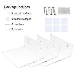 Bigfety Acrylic Small Adhesive Wall Shelves, 3-Ledges, Clear Mini Floating Shelf Flexible Use for Wall Space