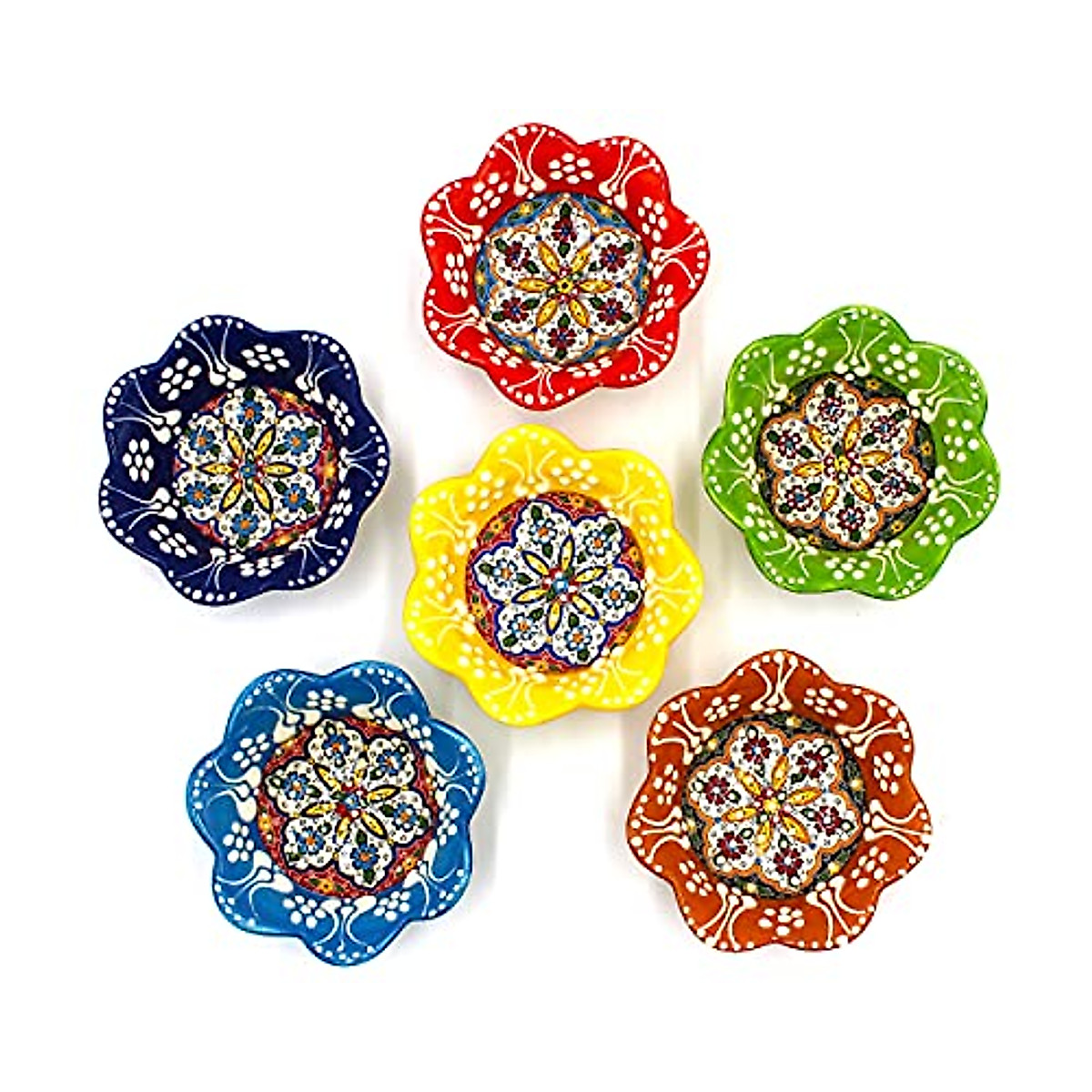 Silver Craft 6 Pcs Daisy Shaped Hand Painted Decorative Serving Turkish Tiny Bowls - Handmade Ceramic Bowl - Set of 6 (3.7 inc/9.5cm) 2.5 Oz Pinch Multicolor Small Serving Bowls - Best Gift Set