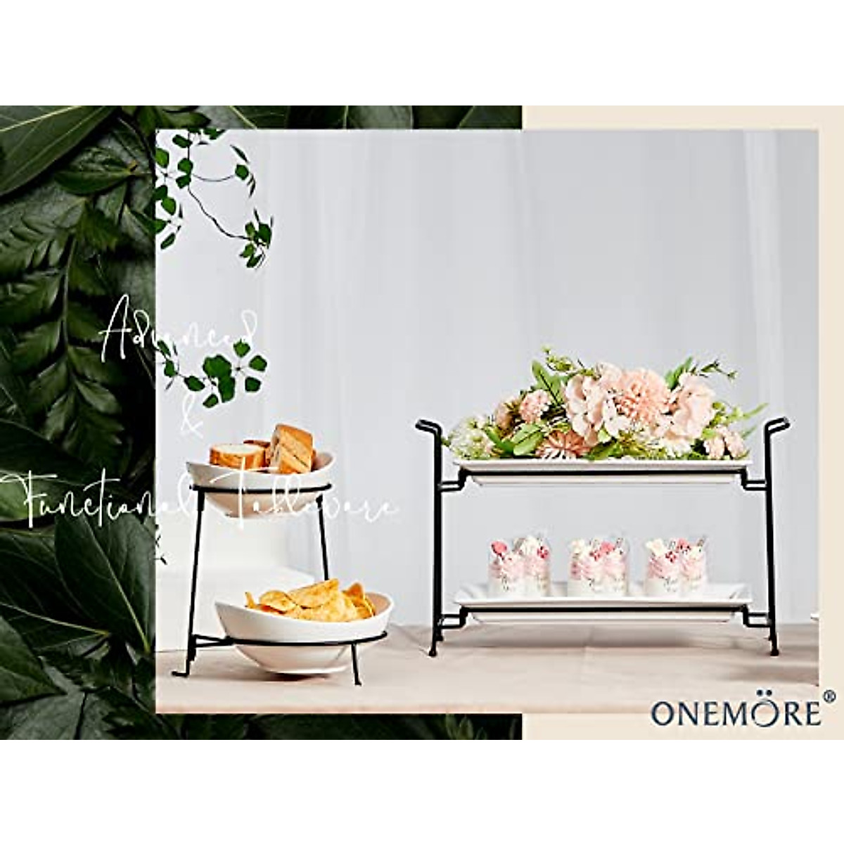 ONEMORE 3 Tier Serving Tray - Collapsible Tiered Stand and Ceramic Serving Platters - Cross Bars Included - White