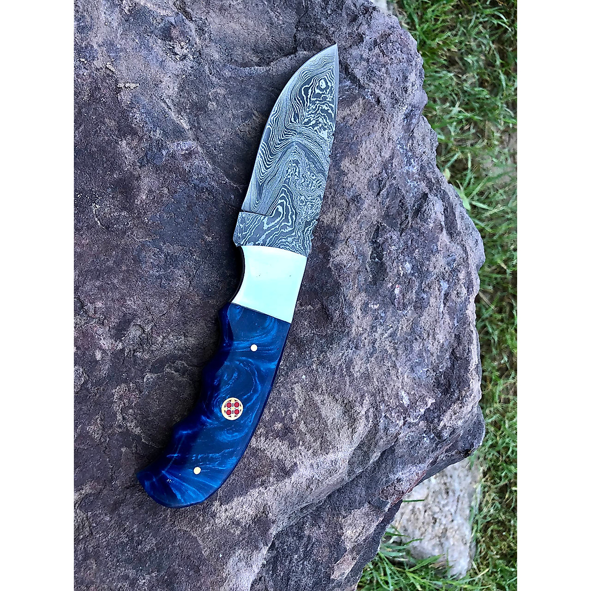 ONEHOPE BLADES Handmade Damascus Steel Hunting Knife With Leather Sheath, 8 inches Fixed Blade Tactical Survival Hand Forged Hunting Bushcraft Camping Knife (BLUE)