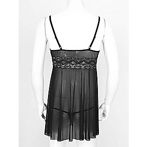 MSemis Sissy Babydoll Lingerie Nightie Dress Men Lace Sheer Tank Nightgown Crossress Nightdress Nightshirt Black X-Large