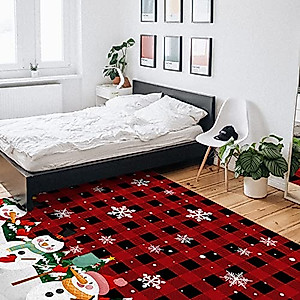 Christmas Rugs Machine Washable Area Rug, Rugs for Living Room, Rugs for Bedroom, Bathroom Rug Kitchen Rug Home Decor Carpet Runner Rug 5'x7', Snowman Snowflake with Red Black Plaid
