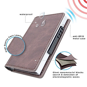 PRINT SUPREMACY Leather Wallet with Metal Case Credit Card Holder with Magnetic Lock (Up to 5 Cards), Plastic Switch with 2 Slots, Minimalist Slim Wallet for Men Women, Holds Cards ID Cash (Coffee)