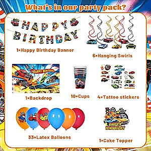 169 PCS Race Car Birthday Party Supplies, Car Theme Decorations for Serves 10 Guests, Include Banner, Cupcake Toppers, Hanging Swirls, Backdrop, Tablewares, Balloons, Tablecloth and Tattoo Stickers