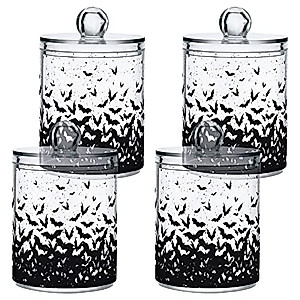 Bats Halloween Clear Plastic Storage Jars with Lids, Bathroom Vanity Storage Organizer Holder Canister for Cotton Swabs,Makeup Sponges, Flossers,Bath Salts,4 Pack