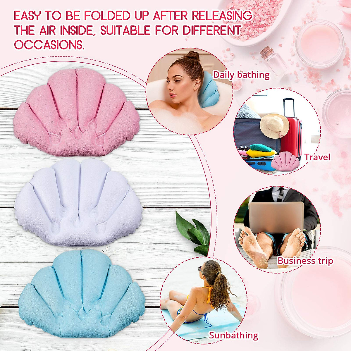 Jetec 3 Pieces Inflatable Bath Pillow with Suction Cups, Terry Cloth Covered Shell Shape Bathtub Spa Pillow Comfortable Soft Cushion, Neck Support(Pink, Blue, White)