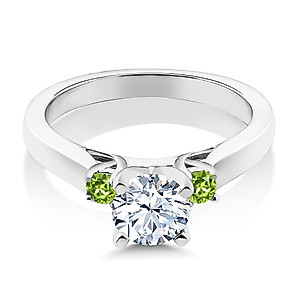 Gem Stone King 925 Sterling Silver White Zirconia and Green Peridot 3-Stone Engagement Ring For Women (1.74 Cttw, Round 6MM, Gemstone Birthstone, Size 6)