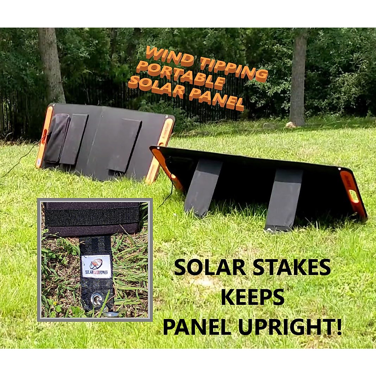 Solar Stakes - Anchor Portable Solar Panels with Seamless Add-on, Heavy Duty Strap with Hook/Loop and Elastic, 7" Aluminum Stake, Prevents Wind Tipping