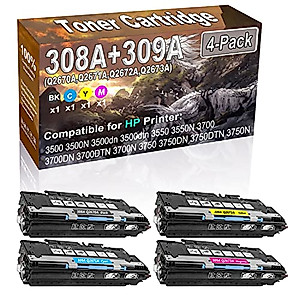 4-Pack (BK/C/Y/M) Compatible High Capacity 308A 309A (Q2670A Q2671A Q2672A Q2673A) Imaging Toner Cartridge Used for HP 3500 3500N 3500dn 3500dtn 3550 3550N 3700 3700DN 3700DTN Printer