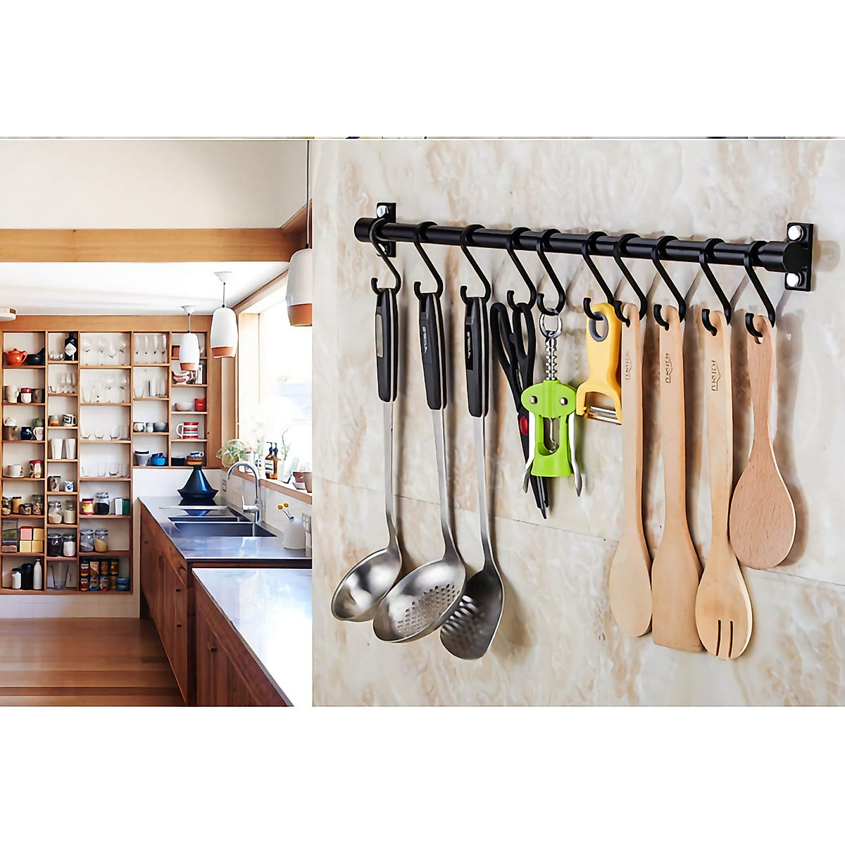 Gourmet Kitchen Utensil Rack with 6 Hooks, Wall Mounted Rail Wrought Iron Hanging Utensil Holder Rack with Removable S Hooks 16 Inch (Black-6 Hooks)