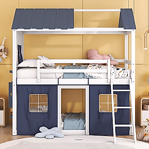Merax Twin Over Twin Bunk Wood House Bed with Elegant Windows, Sills and Tent, Blue+White