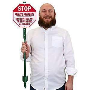 SmartSign 10 x 10 inch “Stop - Private Property, No Hunting Or Trespassing Allowed” LawnBoss Yard Sign with 3 foot Stake, 40 mil Laminated Rustproof Aluminum, Red and White, Set of 1, Made in USA