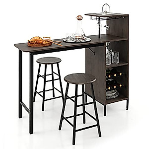 GOFLAME Bar Table and Chairs Set for 2, Counter Height Dining Table Set with Shelves, Cup Holder & Wine Rack, Breakfast Table & Chair Set, 3-Piece Pub Table Set for Kitchen, Dining Room