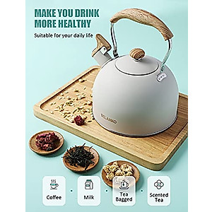 Tea Kettle, BELANKO 85 OZ / 2.5 Liter Whistling Tea Kettle Pots for Stove Top Food Grade Stainless Steel with Wood Pattern Folding Handle, Loud Whistle for Tea, Coffee, Milk - Milk White