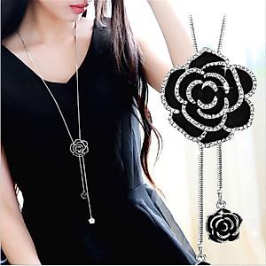 Cathercing Rhinestone Black Rose Pendant Long Necklace for Women Sweater Chain Statement Necklace Choker Adjustable Elegant Jewelry Crystal Accessories Dressy Collocation Winter Evening Party Wedding