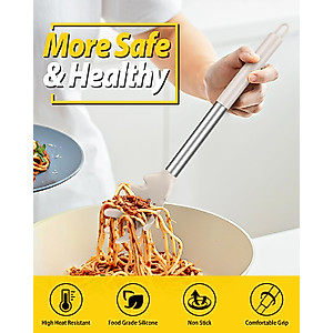 Silicone Pasta Fork and Cooking Spoon Set, Non Stick Kitchen Utensils for Cooking,Stirring,Serving Spaghetti, Soup, Sauce (KHAKI)