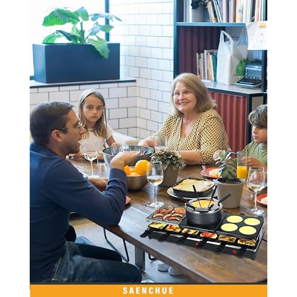 Saenchue Raclette Table Grill - Indoor Electric Grill Griddle - Nonstick Extra Large Reversible 4-In-1 Outdoor Dishwasher Safe with Cheese 12 Paddles 12 Spatulas for 12 Person, FD-12