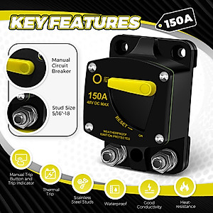 ULVACK 80 Amp Circuit Breaker for RVs Trolling Boat Marine Truck Vehicles Stereo Audio Electronic Battery Solar System, 12V-48V DC, Flush Mount Fuse Inline Holder with Manual Reset Switch Waterproof