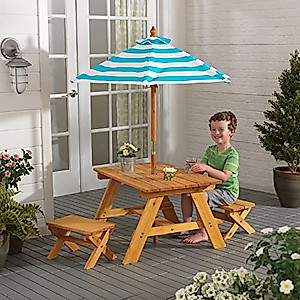 KidKraft Outdoor Wooden Table & Bench Set with Striped Umbrella, Children's Backyard Furniture, Turquoise and White, Gift for Ages 3-8, Amazon Exclusive