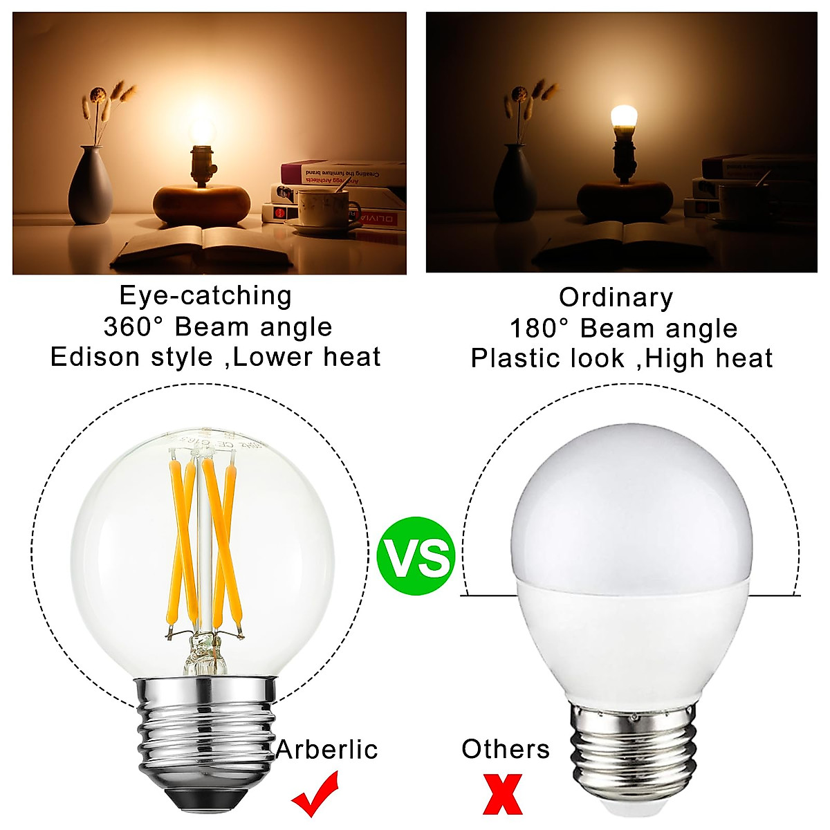 Arberlic G16.5 Light Bulb LED,4W E26 LED Bulb dimmable Equivalent E26 40 watt Light Bulb,Warm White 2700K,400lm,CRI85+,AC120V,Edison Style,Clear Glass,Flicker Free,Pack of 6