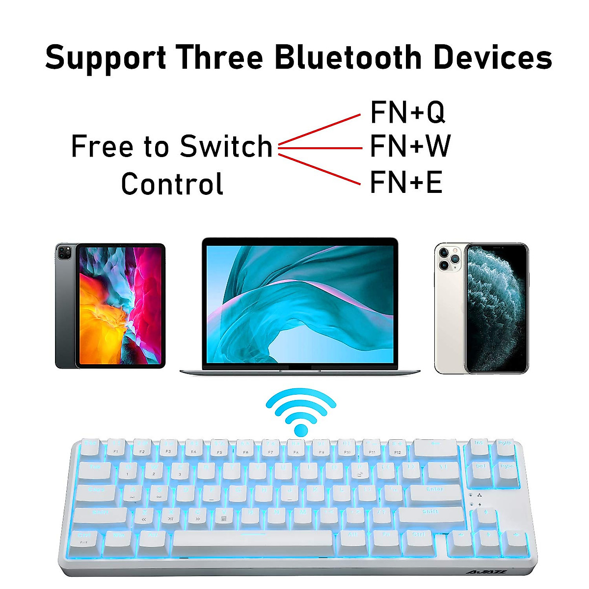 Wireless 60% Mechanical Gaming Keyboard,Ultra-Compact Blue Backlit keyboard Bluetooth 4.0 Tepy C Wired/Wireless Blue Switches Computer Keyboard for Multi-Device iPhone Android Mobile PC Laptop(White)