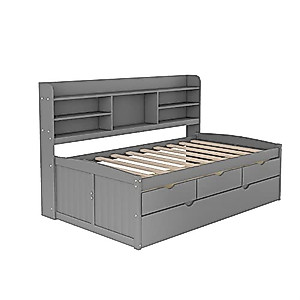 SOFTSEA Twin Size Daybed with Bookcase Headboard, Twin Captains Bed with Trundle and Storage Drawers, Wood Captains Bed with Slats Support for Kids Guests, Gray