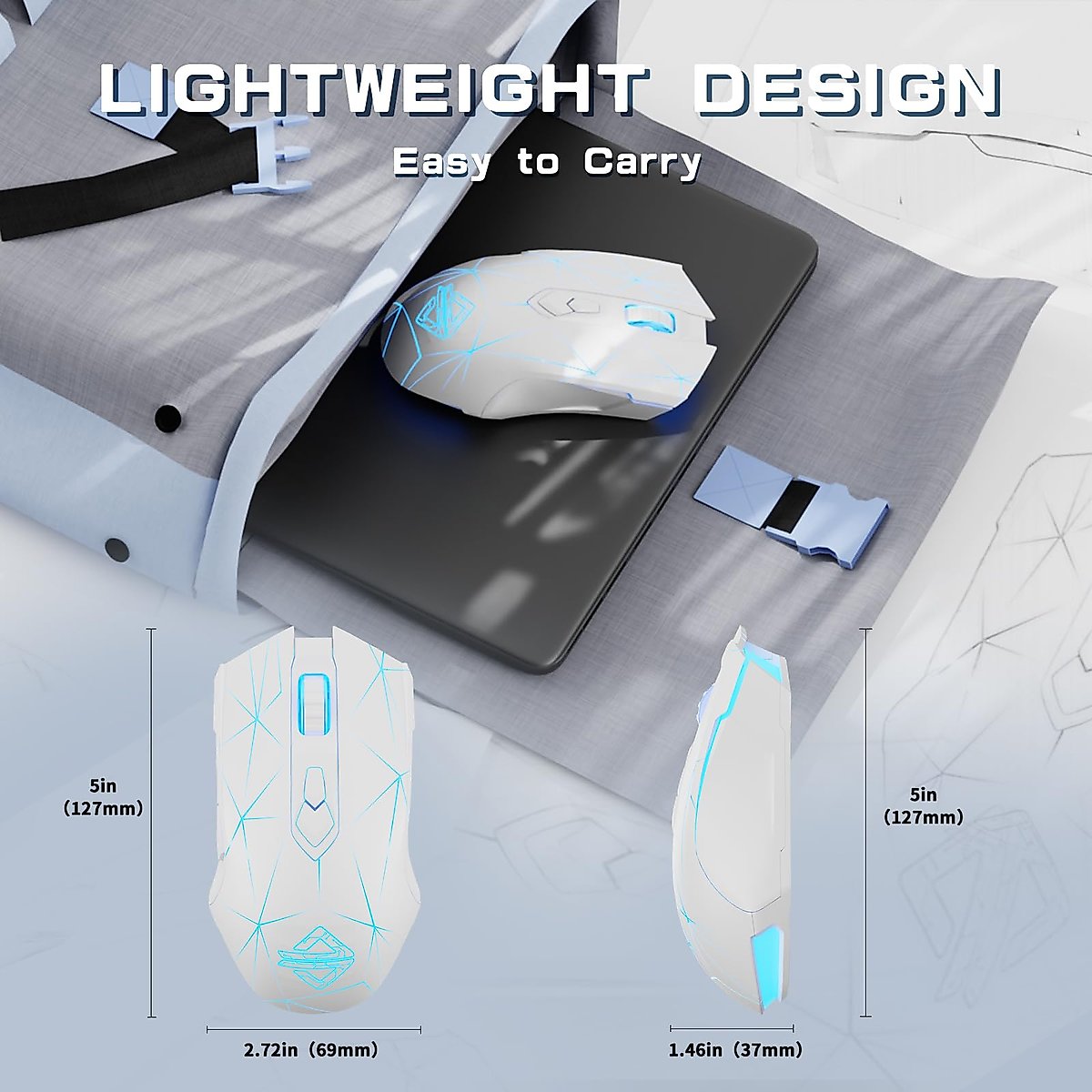 AJ52PRO Wired Wireless Bluetooth Gaming Mouse with RGB LED Backlight Adjustable 10000DPI Ergonomic 7 Programmable Button Rechargeable 800mAh Battery 2.4Ghz USB Receiver for PC Mac PS4 Gamer(StarWhite)