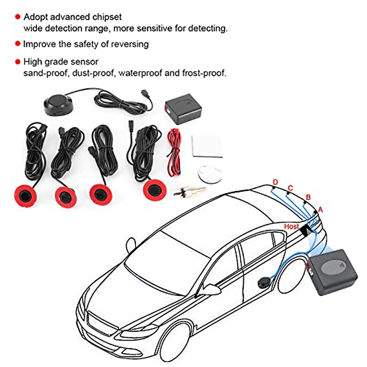 Acouto Car Reverse Radar Sensor Kit 16.5mm Car Built‑In Backup Radar Sensor Reversing Assistance with Audio Buzzer Auxiliary Kit(Black)