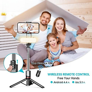 Stable Selfie Stick Tripod with Fill Light, 44 Inch Extendable Selfie Stick with Wireless Remote and Tripod Stand 360 Rotation for iPhone 13/12/11 Pro/XS Max/XS/XR/X/8/7, Samsung and Smartphone