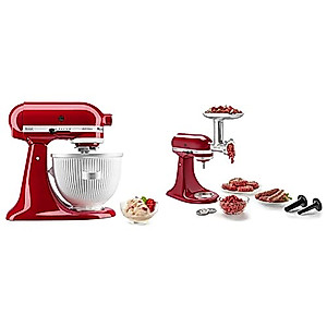 KitchenAid Ice Cream Maker Stand Mixer Attachment, 2 Quart, White & KSMMGA Metal Food Grinder Attachment, Silver