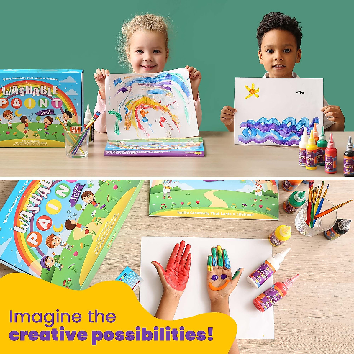 Kids Paint Washable Paint for Kids Non Toxic Paint for Toddlers Washable - Finger Paint Paper for Painting Kids Washable Paint Set Brushes | Toddler Paint Set for Kids Paint Set, Toddler Painting Set