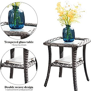 ovios Outdoor Side Table Patio Coffee Table Wicker Rattan Table Garden Tea Table Patio Table with Glass Top for Backyard Deck Balcony, Grey Wicker