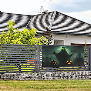 Banners and Signs for Outdoor 35x71 Backdrop for Birthday Party Business Graduation Wedding Event,Green Ghost Horror Halloween Pumpkin
