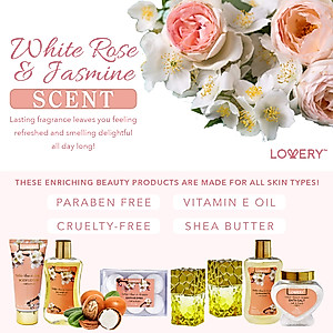 Valentines Day Perfume Set, Bath and Body Gift Basket For Women, 13pc Set of White Rose & Jasmine Cosmetic and Home Spa Set with Bath Bombs, Body Mist, Perfume, Intricate Gold Perfume Holder and More