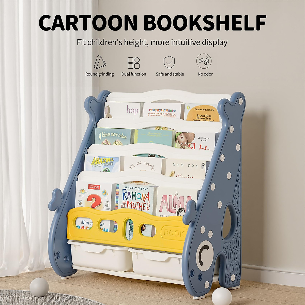 UNICOO – Kids 5 Tier Bookshelf with 2 Toy Bins, Children Bookshelf & Toy Organizer Baby Whale Bookshelf (Blue)