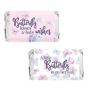 Butterfly Girl Baby Shower Mini Chocolate Candy Bar Wrappers, A Little Butterfly is on Her Way, It's a Girl Pink and Purple Party Favor Stickers - 45 Labels