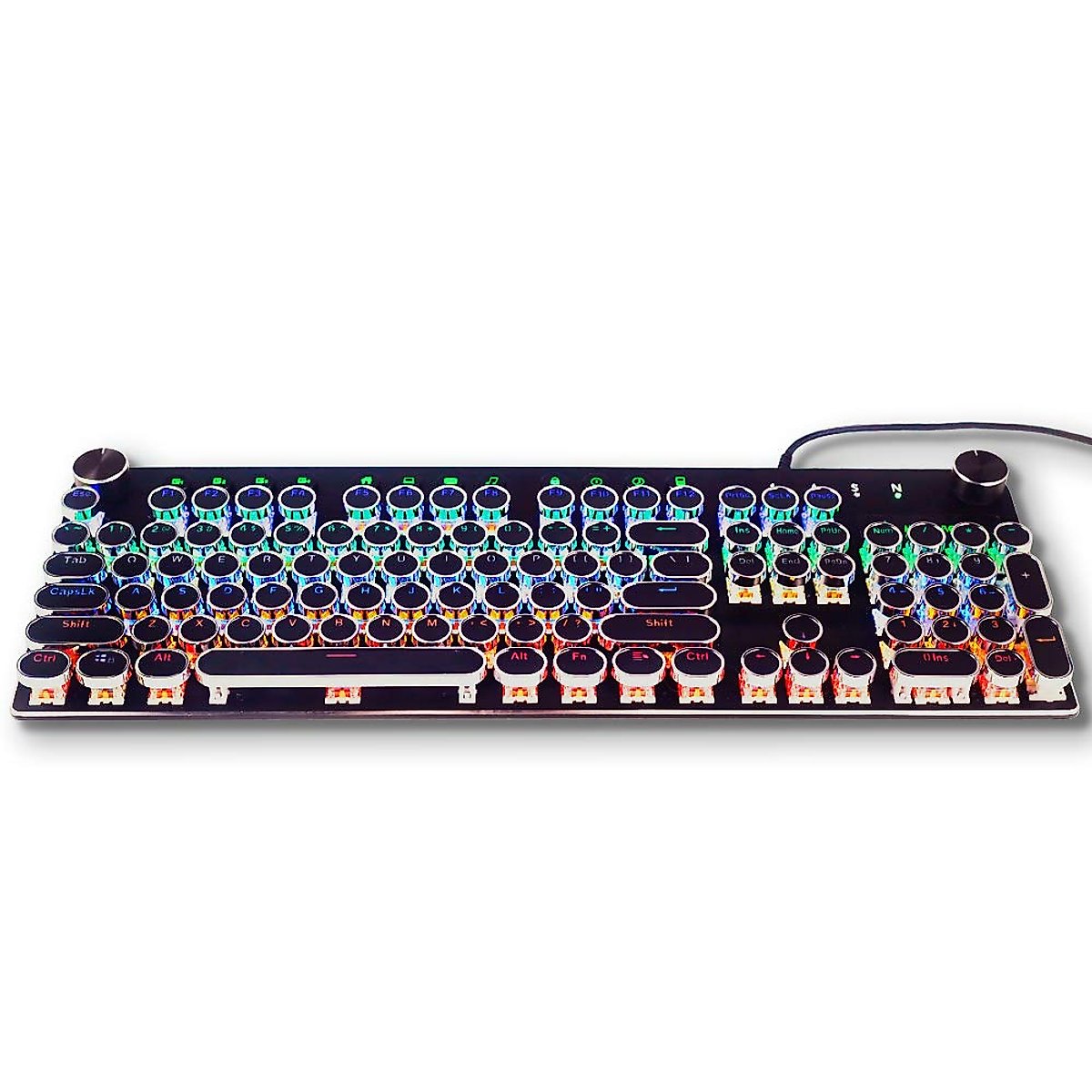 MK13 RGB Mechanical Keyboard Retro Gaming Keyboard-Blue Switches-LED Backlit -Silver-Plating-2 Knob and 12 Multimedia Buttons-104 Round Key Illuminated Keyboard for PC Gaming and MAC (MK13 Black)