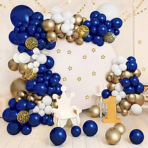 145Pcs Royal Blue and Gold Balloons, Graduation Decorations Class of 2024 Navy Blue Balloon Garland Kit Gold White Confetti Foil Crown for College Baby Shower Birthday Gender Reveal Wedding Party